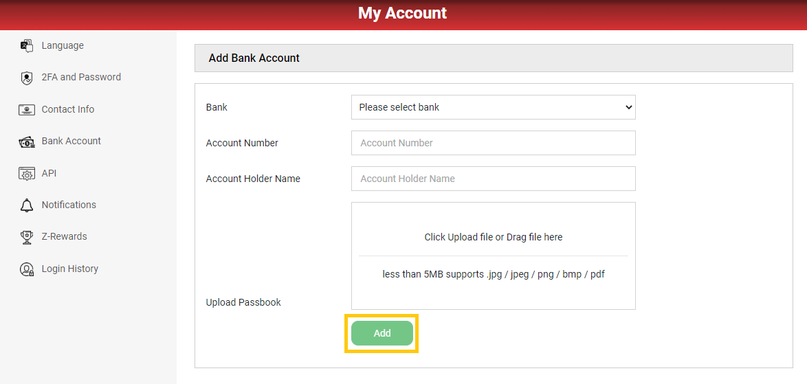 Adding bank account on website – Support Center | Z.com EX