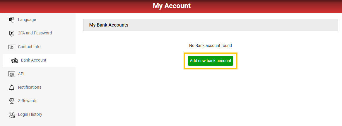 Adding bank account on website – Support Center | Z.com EX