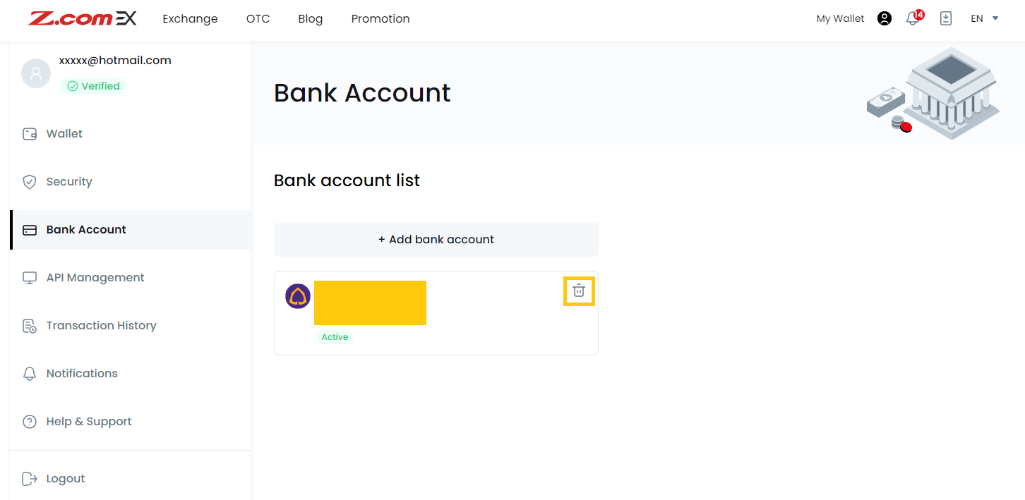 Deleting bank account on website – Support Center | Z.com EX