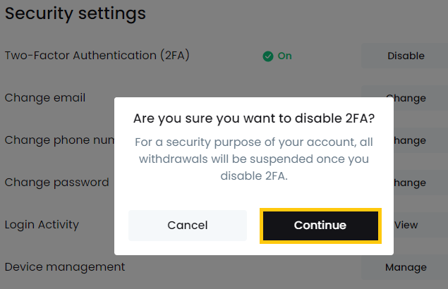 How to disable 2FA on website – Support Center | Z.com EX