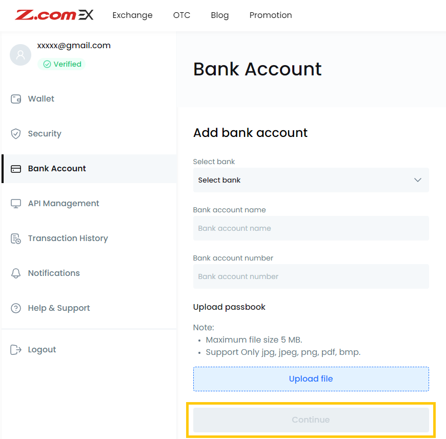 Adding bank account on website – Support Center | Z.com EX
